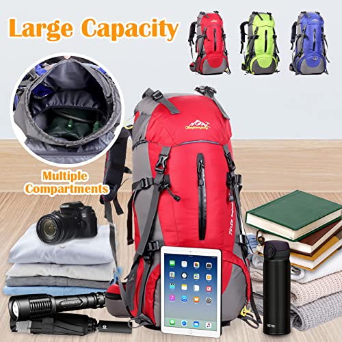 HERYWEKD Hiking Backpack, 50L Travel Backpack, Waterproof Lightweight Camping Backpack, Suitable for Hiking, Mountaineering, Camping (Red)