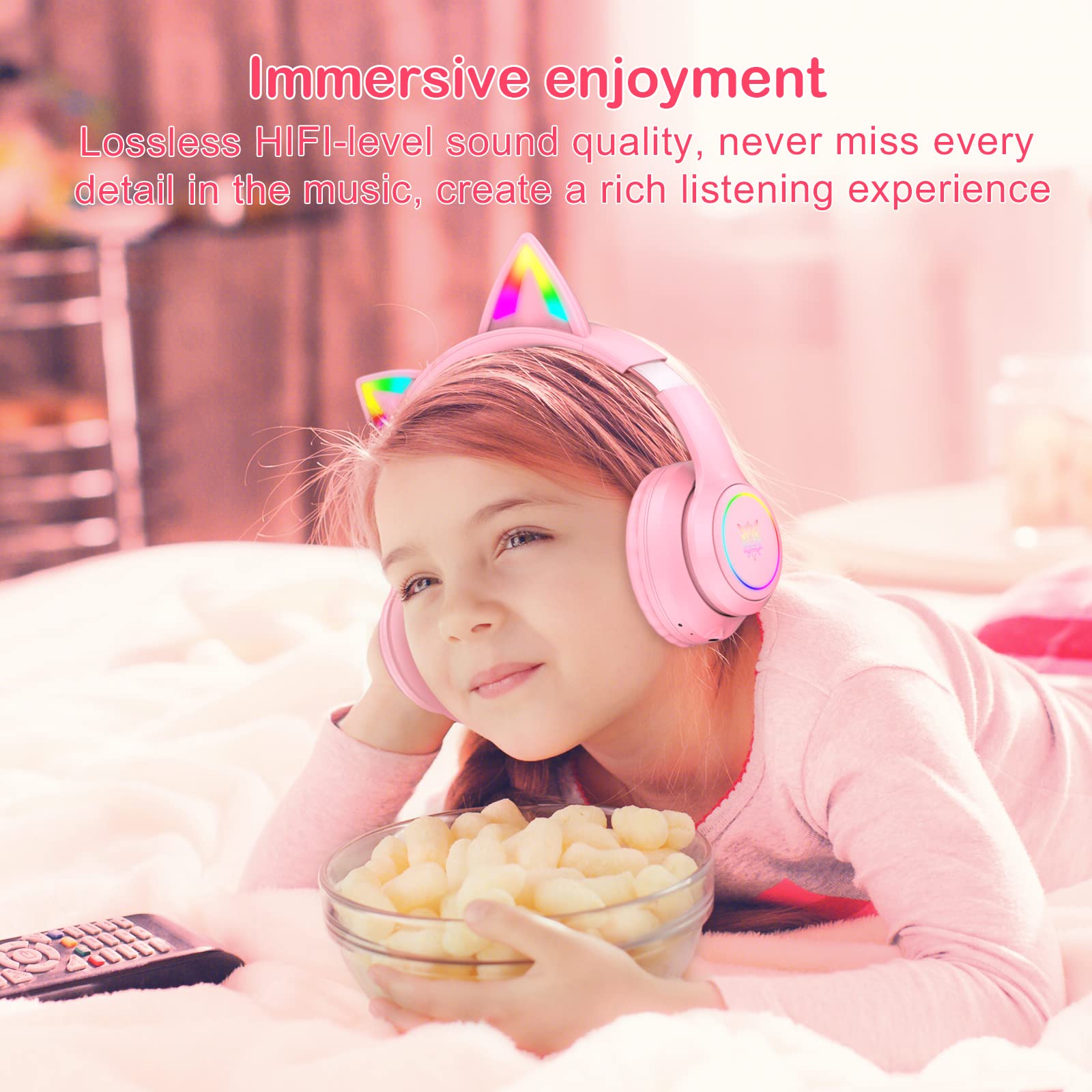 SIMGAL Bluetooth Cat Ear Headphones for Kids, Wireless & Wired Mode Foldable Headset with Mic, RGB LED Light, for Girls School Gaming, Compatible with Mobile Phones PC Tablet