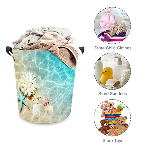Starfish Coral and Seashell on Beach Foldable Laundry Basket Waterproof Hamper Storage Bin Bag with Handle 16.5"x 16.5"x 17"