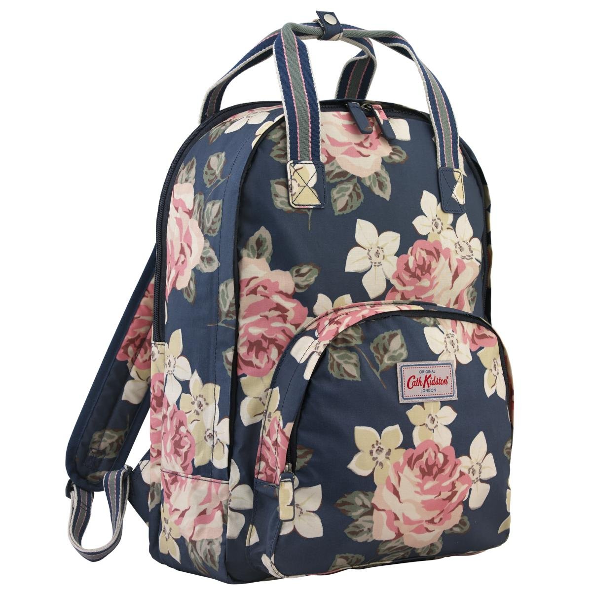 Cath Kidston Matt Oilcloth Multi Pocket Backpack Fitting 13" Laptop Rucksack Richmond Rose Floral Pattern in Dark Navy Color Background