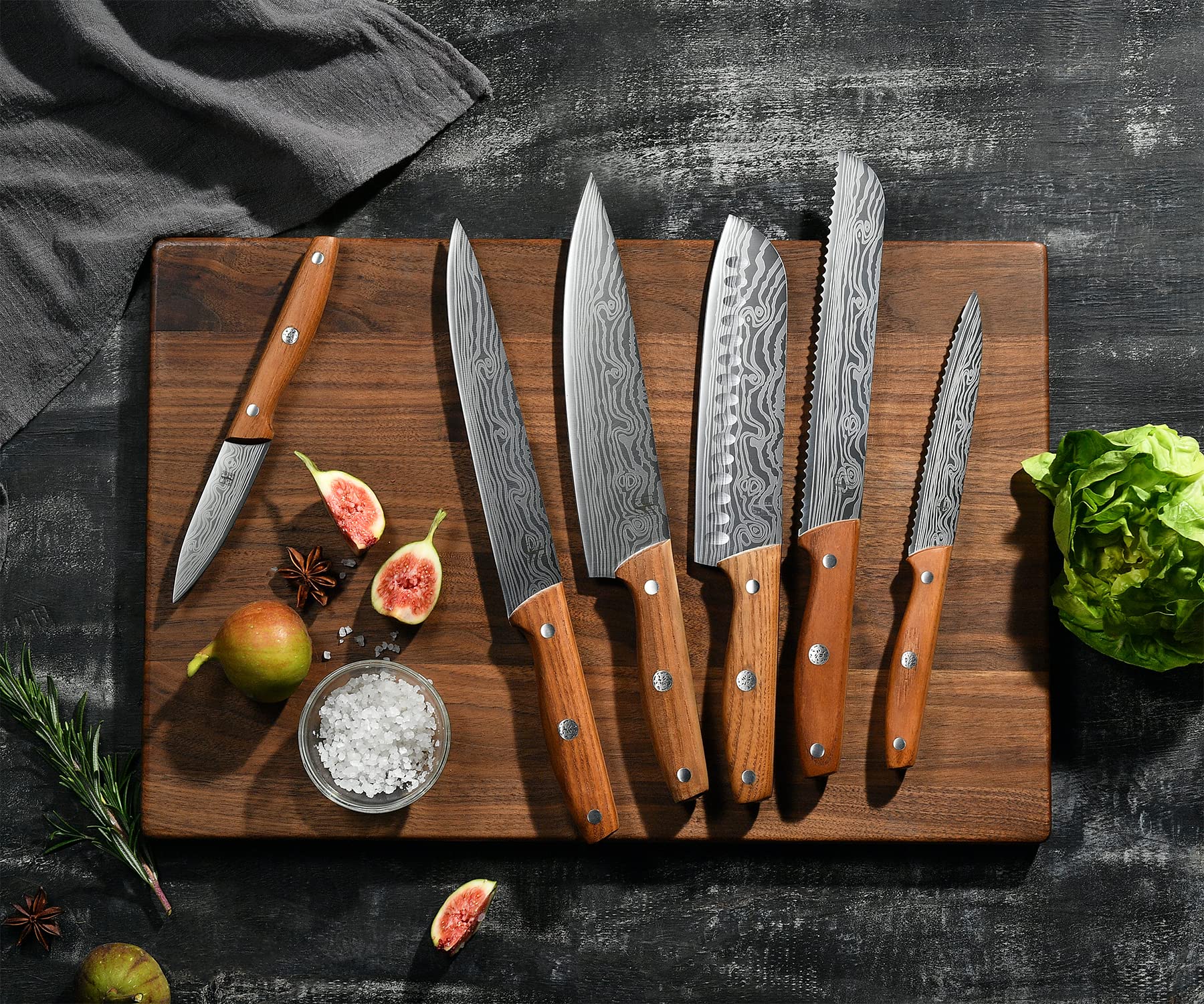 EUNA 6 Pieces Knife Set with Ergonomic ASH Handle, Kitchen Knife with High-Carbon Stainless-Steel Blade, Chef Knife Set with Multiple Sizes for Multipurpose Cooking, Gift Box