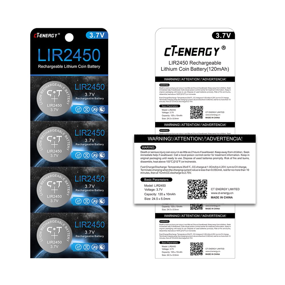 CT-ENERGY CR2450 Rechargeable Batteries 4 Pack 3.7V High Capacity Rechargeable 2450 Lithium Coin Button Battery
