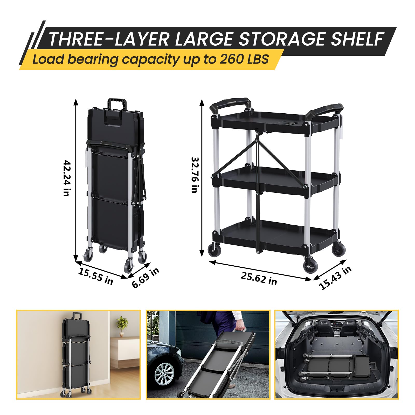 Granper 3-Tier Foldable Utility Cart with Wheels, 260 LBS Heavy Duty Plastic Rolling Cart, Collapsible Service Cart for Home, Office, Garage, and Warehouse - Black