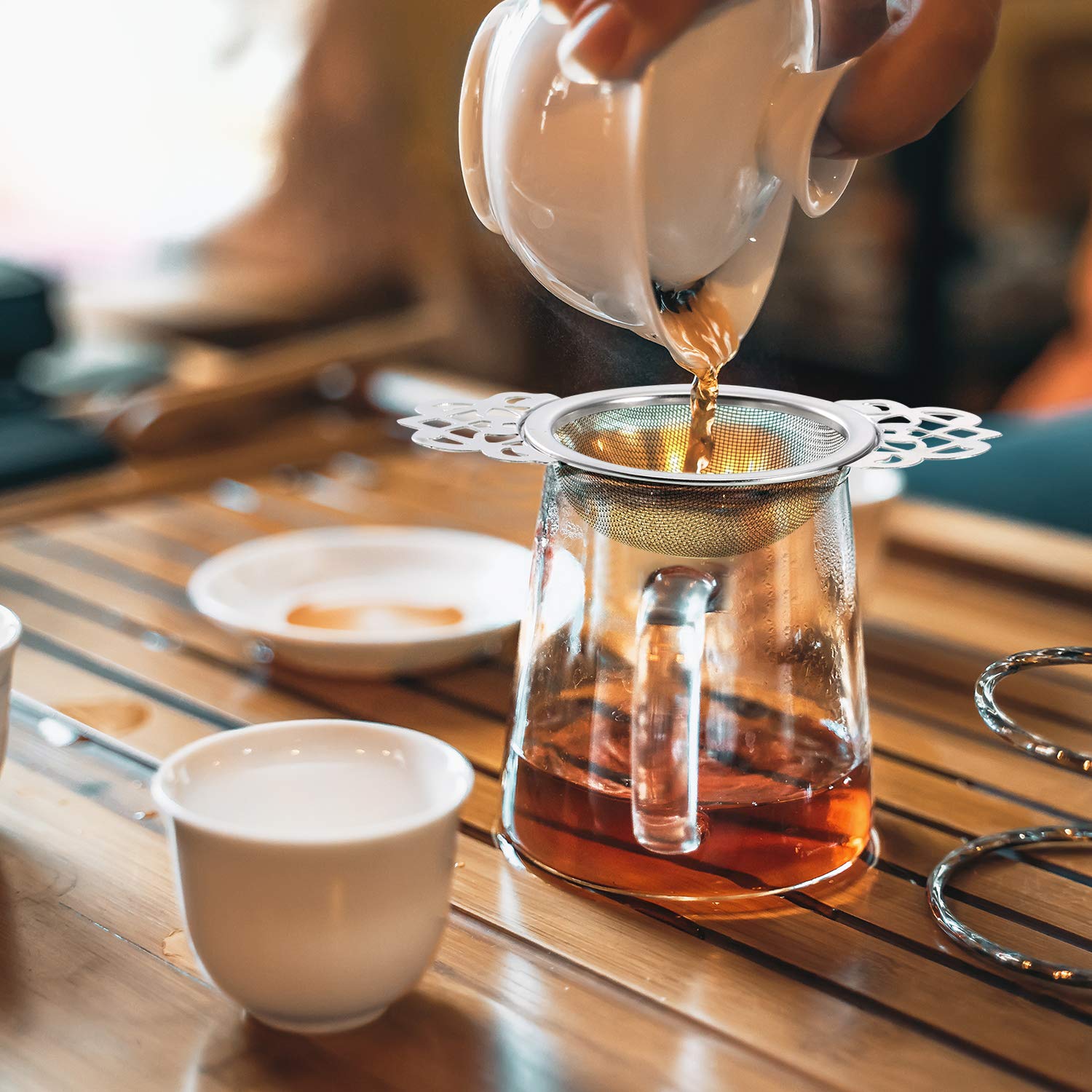 Empress Tea Strainers with Drip Bowls, Mesh Tea Infuser Stainless Steel Loose Leaf Tea Filter with Handles for Better Tea Experience (Silver, 4 Pieces)