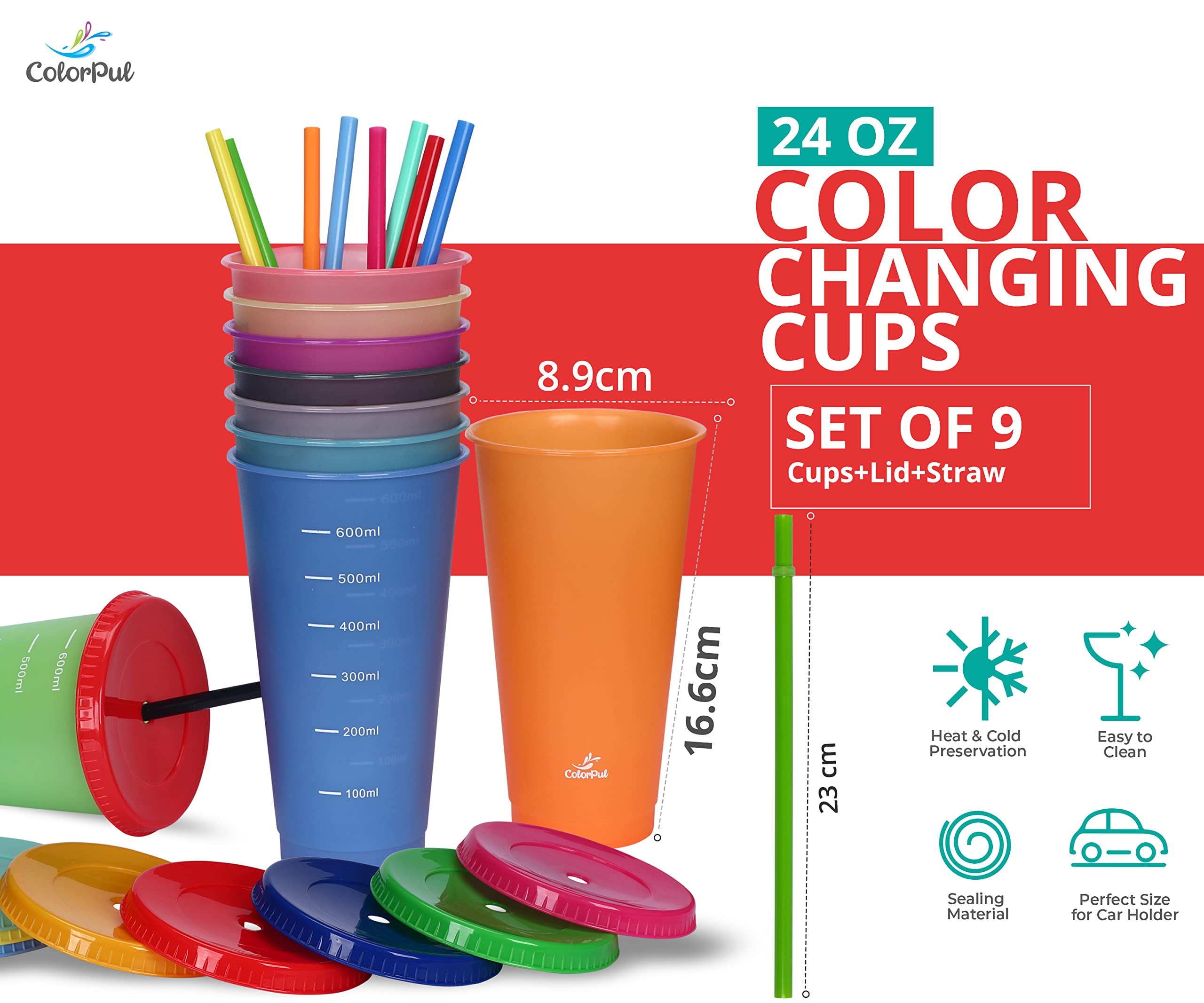 COLORPUL 24oz Plastic Tumblers - 9 Pack Color Changing Cups With Lids and Straws - Reusable Smoothie Cups for Kids