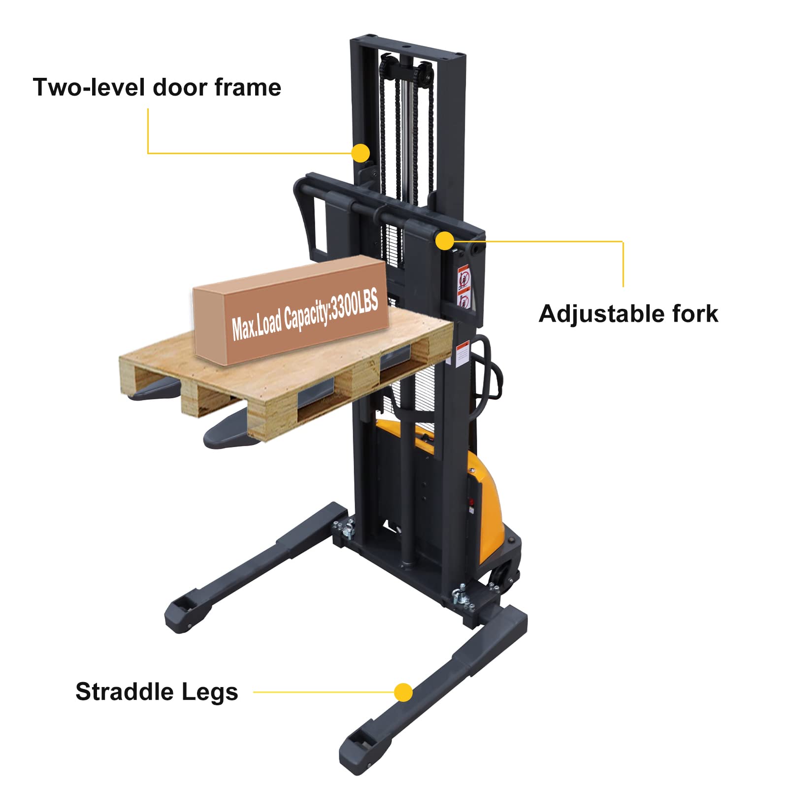 Economy Semi Electric Pallet Stacker 98inch Lifting Height Material Lifter for Warehouse 3300lbs Capacity Straddle Legs with Adjustable Forks
