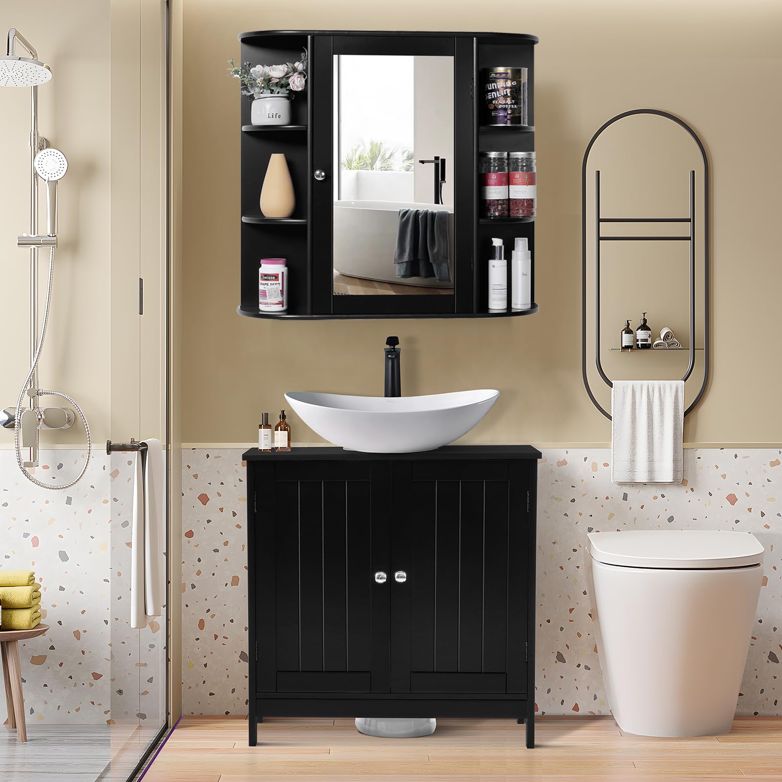 Iwell Bathroom Medicine Cabinet with Mirror, Bathroom Wall Cabinet with 2 Adjustable Shelves & 6 Open Shelves, Bathroom Cabinet Wall Mounted, Over The Toilet Space Saver Storage Cabinet, Black
