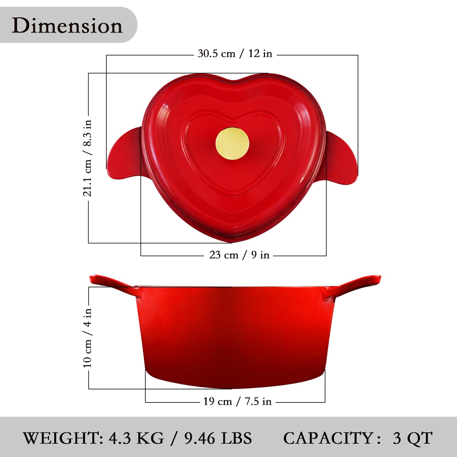 Flavehc Heart Shaped Dutch Oven 3 qt Cast Iron Dutch Oven Pot with Lid Enameled Cast Iron Dutch Oven for Bread Baking, Red