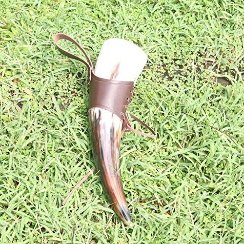 HONGLAYS Viking Horn Mugs-Handmade Home Real Viking Drinking Horn with Leather Straps Beer Wine Goblet Chalice Tankard Ox Horn Beaker Vessels (With Leather Straps)