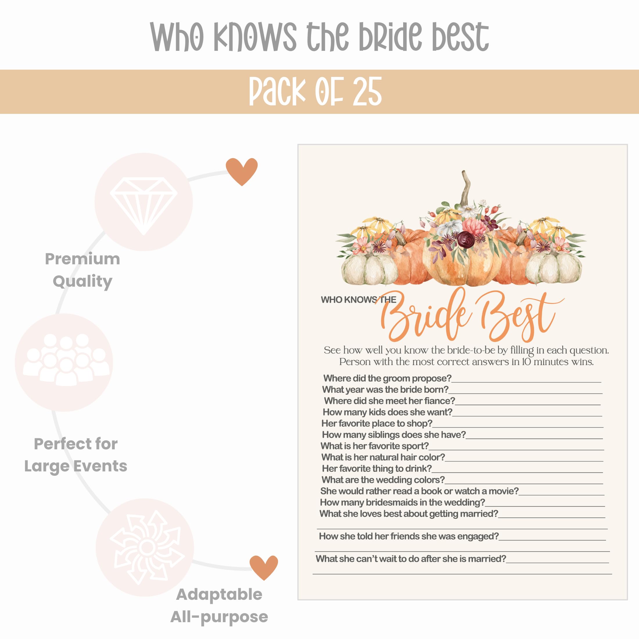 Paper Clever Party Rustic Pumpkin Bridal Shower Games Pack - 25 Guests, 5x7 Size, Premium Quality Cardstock, Fall Theme, Who Knows The Bride Best & Would She Rather, Autumn Wedding Shower Games
