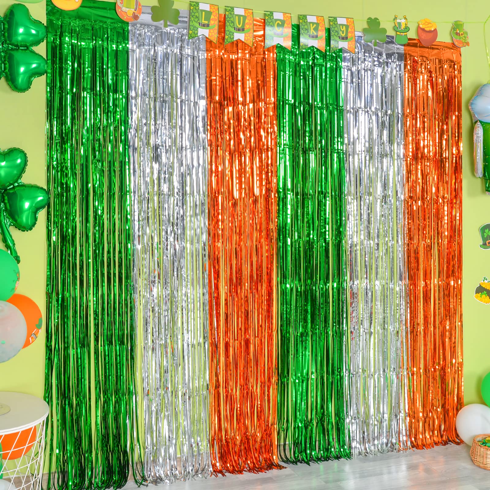 LOLStar 3 Pack St. Patrick's Day Foil Fringe Curtains St Patricks Day Party Decoration 3.3x6.6 ft Green White Orange Tinsel Fringe Curtain Photo Booth Prop Streamer Backdrop for Irish Party Decoration