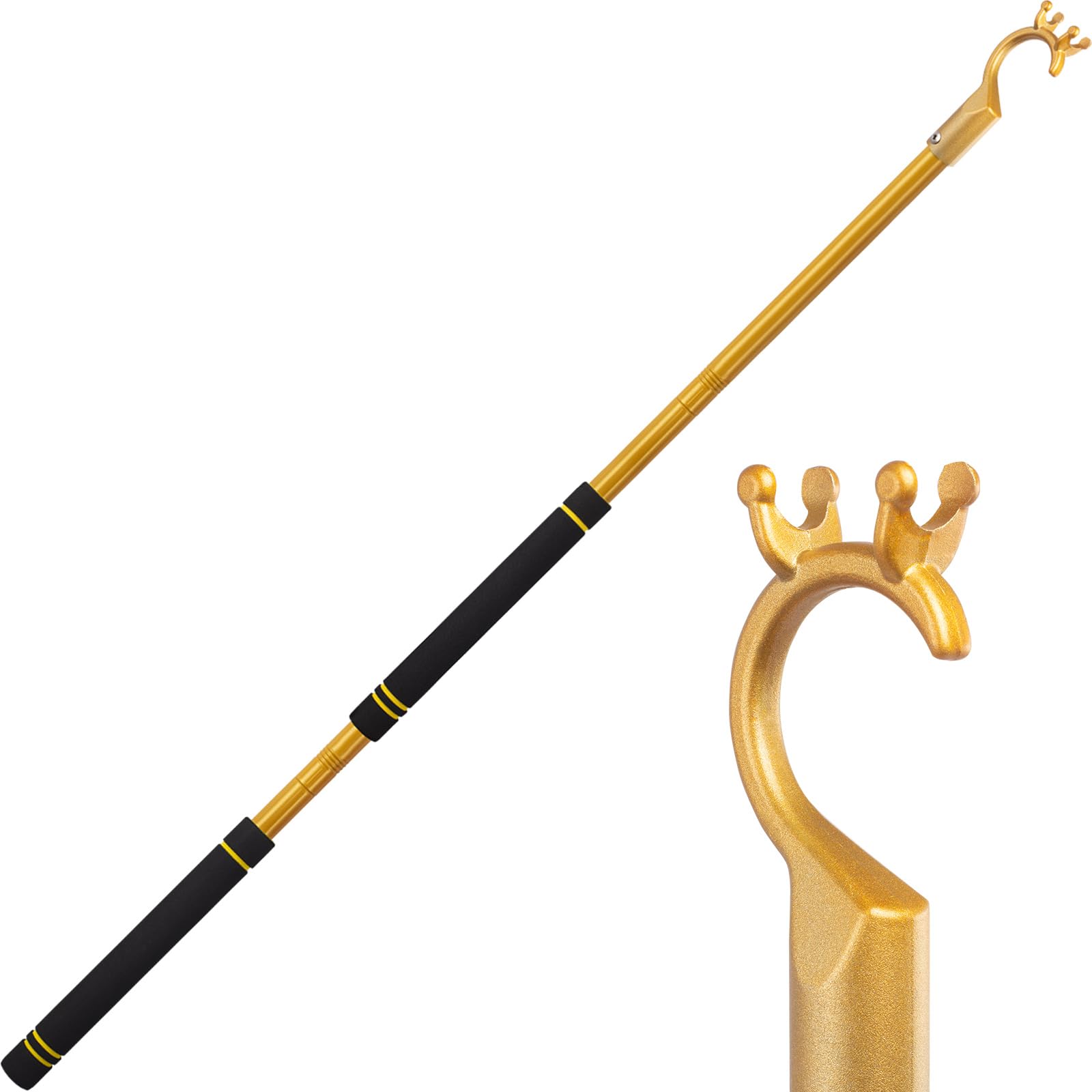 Greeily Clothes Hanger Reaching Hook, Garment Hook Reach Pole for Hanging Clothes Closet Bird Feeders Plants and Christmas Light Extendable from 31" to 61" with Sponge Handle (Yellow Hook)