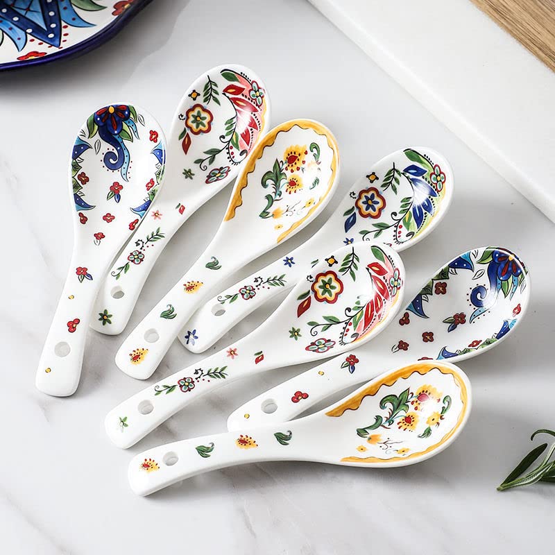 HonHeam Ceramic Soup Spoons Set, Bohemian Porcelain Rice Spoons, Colorful Glaze Flower Pattern Tableware Spoons Set of 4