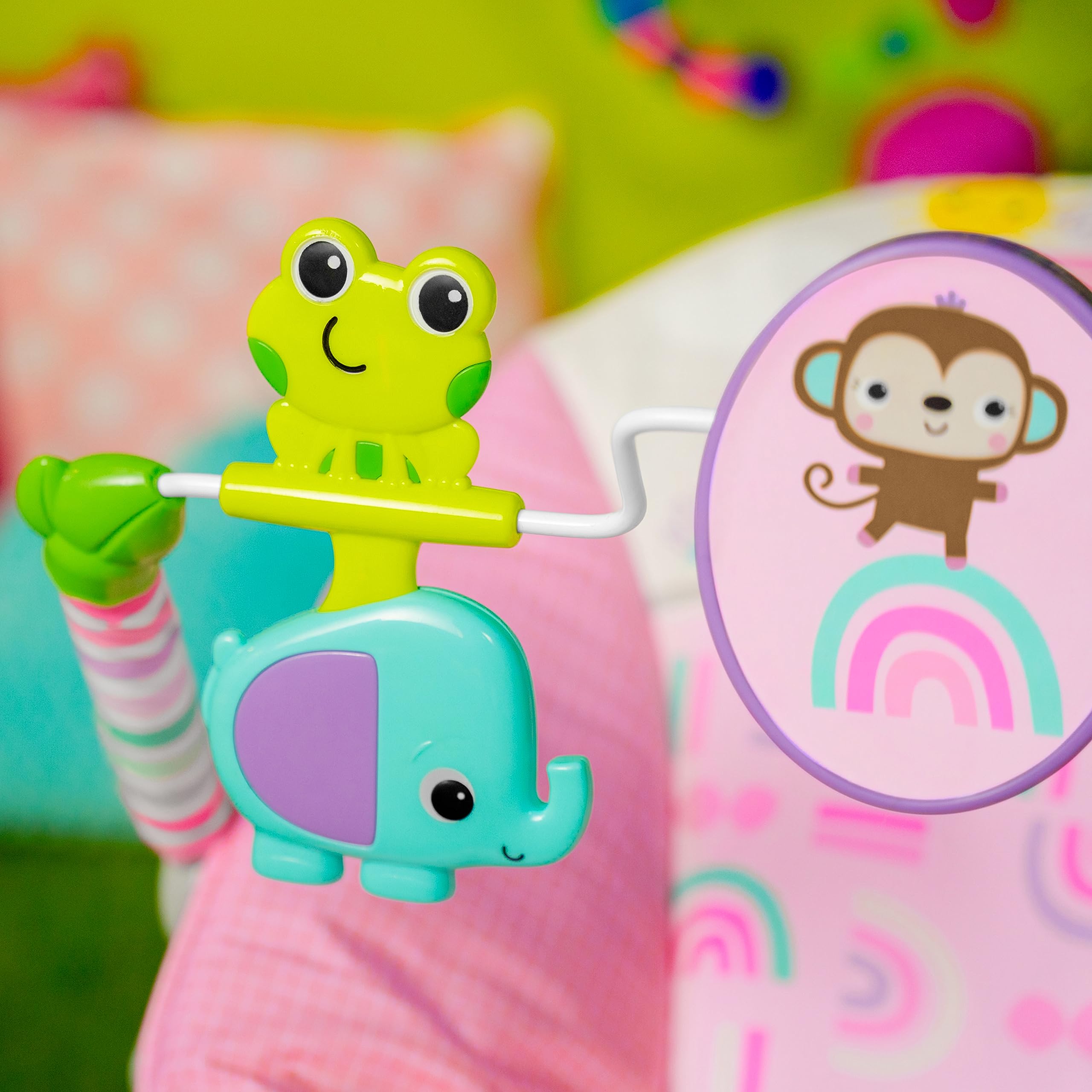 Bright Starts Pink Paradise Portable Baby Bouncer with Vibrating Infant Seat and -Toy Bar, Max Weight 20 lbs., Age 0-6 Months