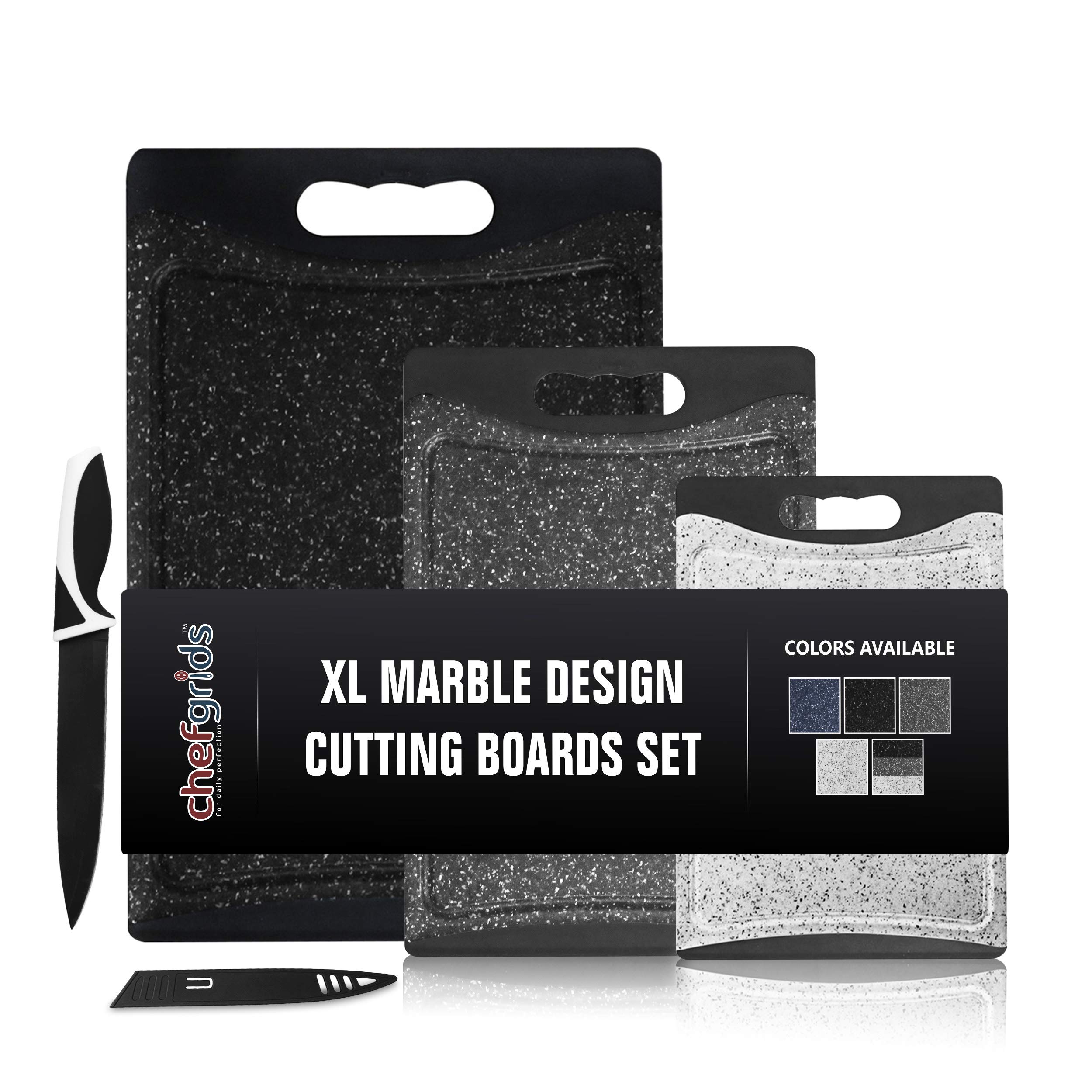 CHEF GRIDS Durable Plastic XL Marble Cutting Board Set, Chopping Board Thick Plastic, for Vegetable Meat or Cheese With Non-Slip Grip| Dishwasher Safe (3-pc Set, Multi) (Multicolor)