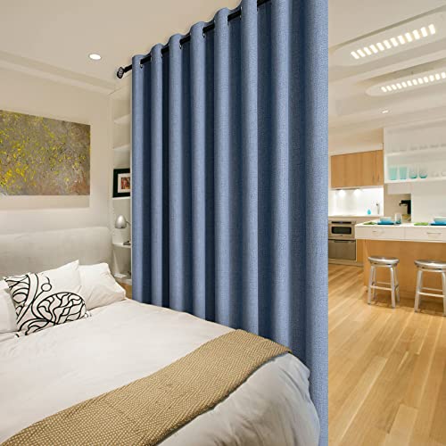MIULEE 100% Blackout Curtain Linen Textured for Sliding Patio Door/Bedroom/Living Room Thermal Insulated Room Divider Curtain 1 Panel 100" Wide x 96" Long Stone Blue