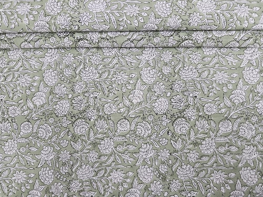 Green Hand Block Printed Indian Natural Cotton Jaipuri Print Sanganeri Kurti Print Fabric by The Yard (3 Yard)