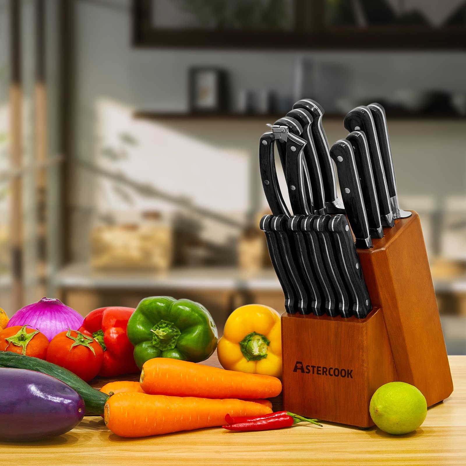 Knife Set, 15 Pcs Kitchen Knife Set With Block, Astercook German Stainless Steel With Scissors, Knife Sharpener and 6 Serrated Steak Knives