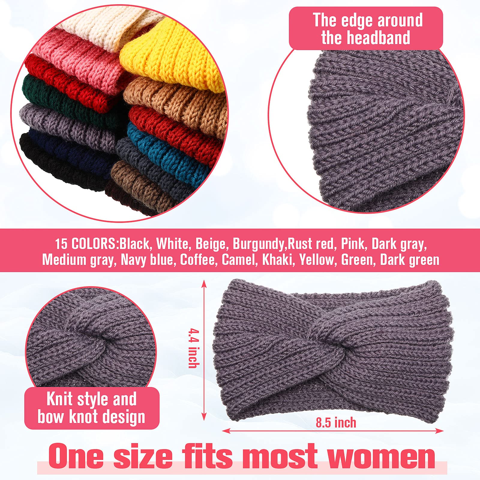 Canlierr 15 Pieces Warm Winter Headband for Women Soft Knit Hair Wrap Ear Warmers Crochet Head Wrap