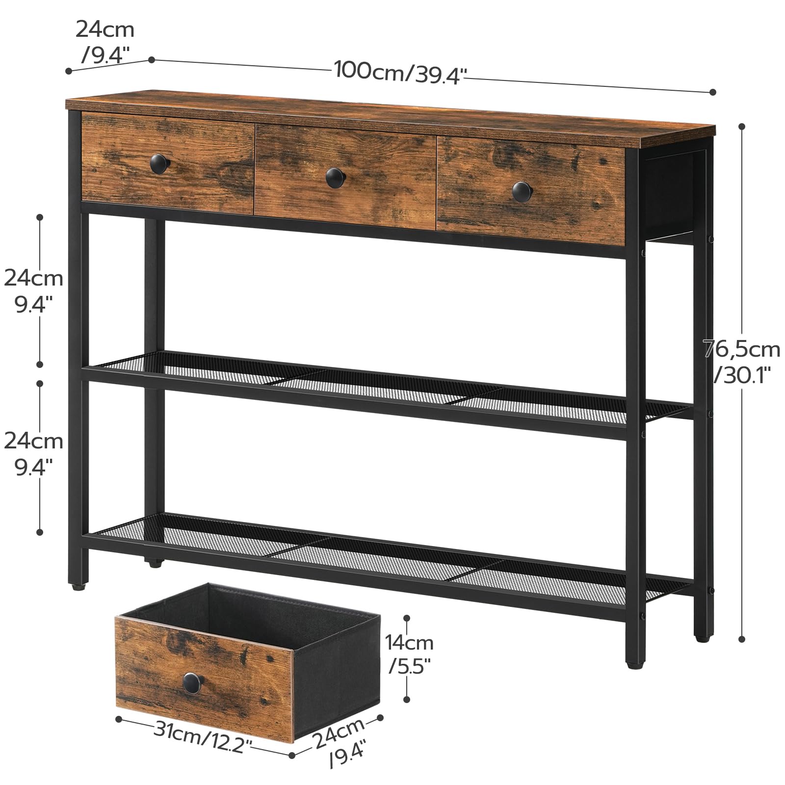 HOOBRO 39.4" Narrow Console Table with 3 Fabric Drawers, Small Entryway Table with 3-Tier Storage Shelves, Thin Sofa Table, Side Table, for Living Room, Hallway, Rustic Brown and Black BF82XG01