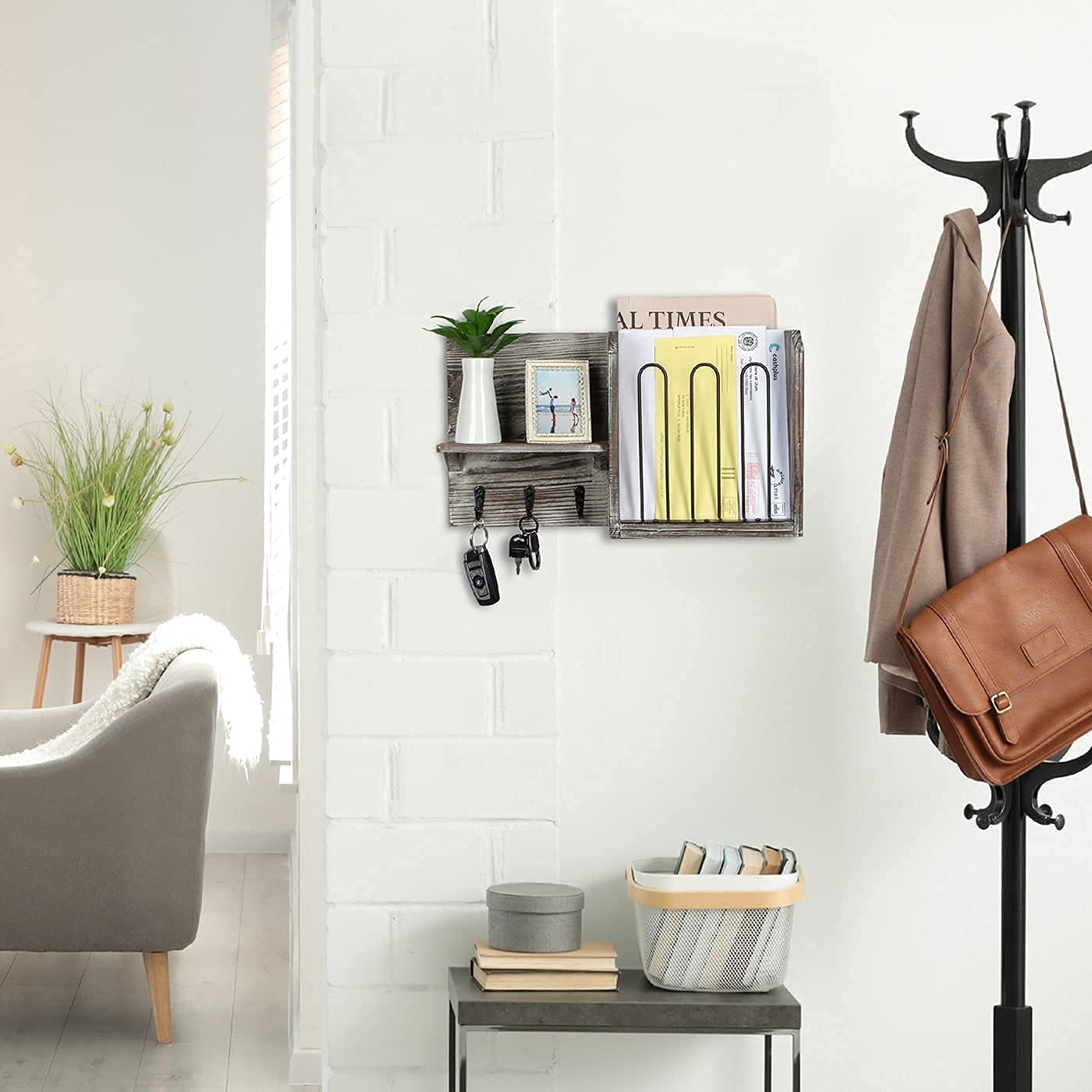 J JACKCUBE DESIGN Wall Mounted Rustic Wood Key & Mail Sorter Organizer with 3 Key Hooks and Shelf - for Entryway or Mud Room β Holds Documents, Bills, Letters, Keys and More- MK232A