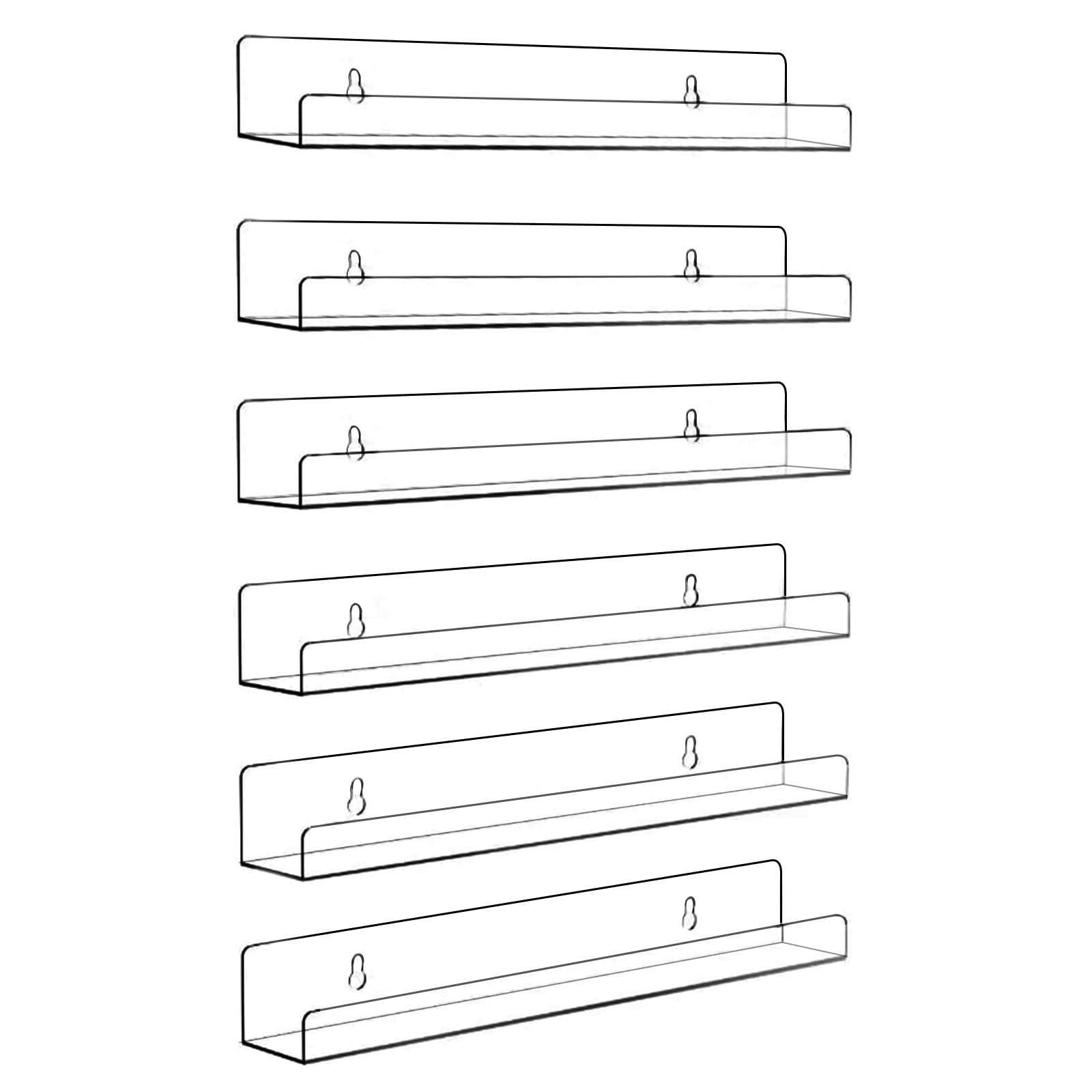 Flensent 6 Pack Acrylic Shelves,15" Acrylic Floating Shelves for Wall Mounted, Display Shelves Wall Mounted, Ledge Shelves for Bedroom, Living Room, Bathroom, Kitchen(Transparent)