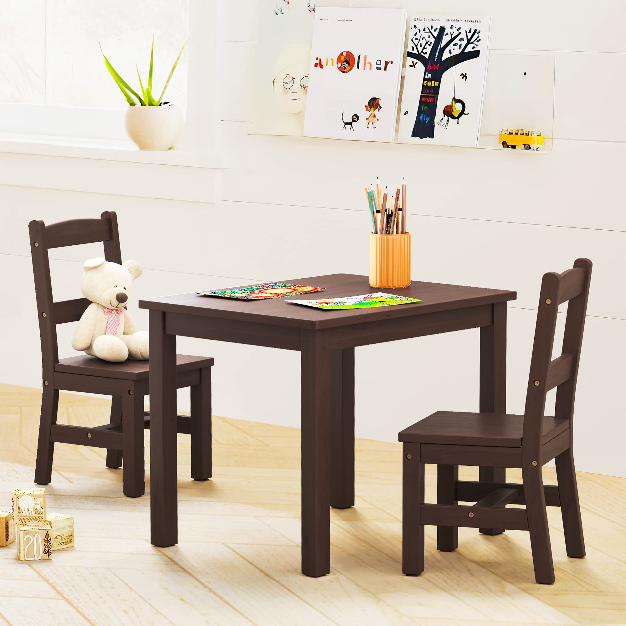 Curipeer Solid Wood Kids Table and 2 Chair Set, Toddler Activity Table and Chairs, Carved Rivet Decoration Furniture for Children's Craft, Playroom, Bedroom, Art, Reading
