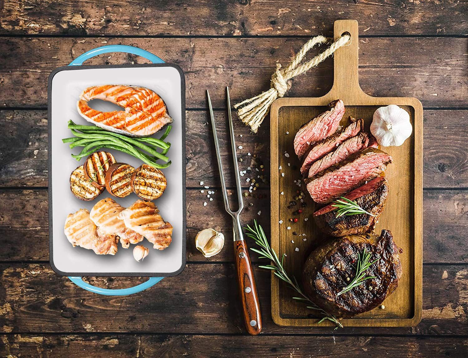 Enameled Cast-Iron Rectangular Grill Pan with Ridges, Oven Safe, Non-Stick Coating, Loop Handles, 9.5" x 13.5", Enameled Blue