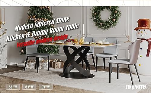 Modern Dining Table, Sintered Stone Tabletop Dining Room Table for Up to 8, Simple Retro Art, Rounded Corner Design, Solid Black Carbon Steel Base, 71"