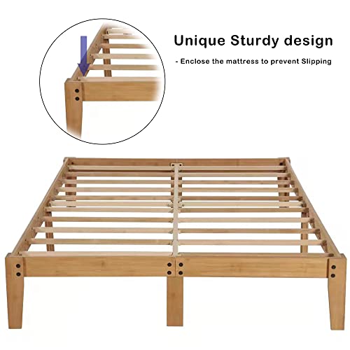 HW COMFORT 14 Inch Bamboo Wood Platform Bed Frame/Solid and Sturdy Platform Bed with Wooden Slats/No Box Spring Needed/Easy Assembly, Queen