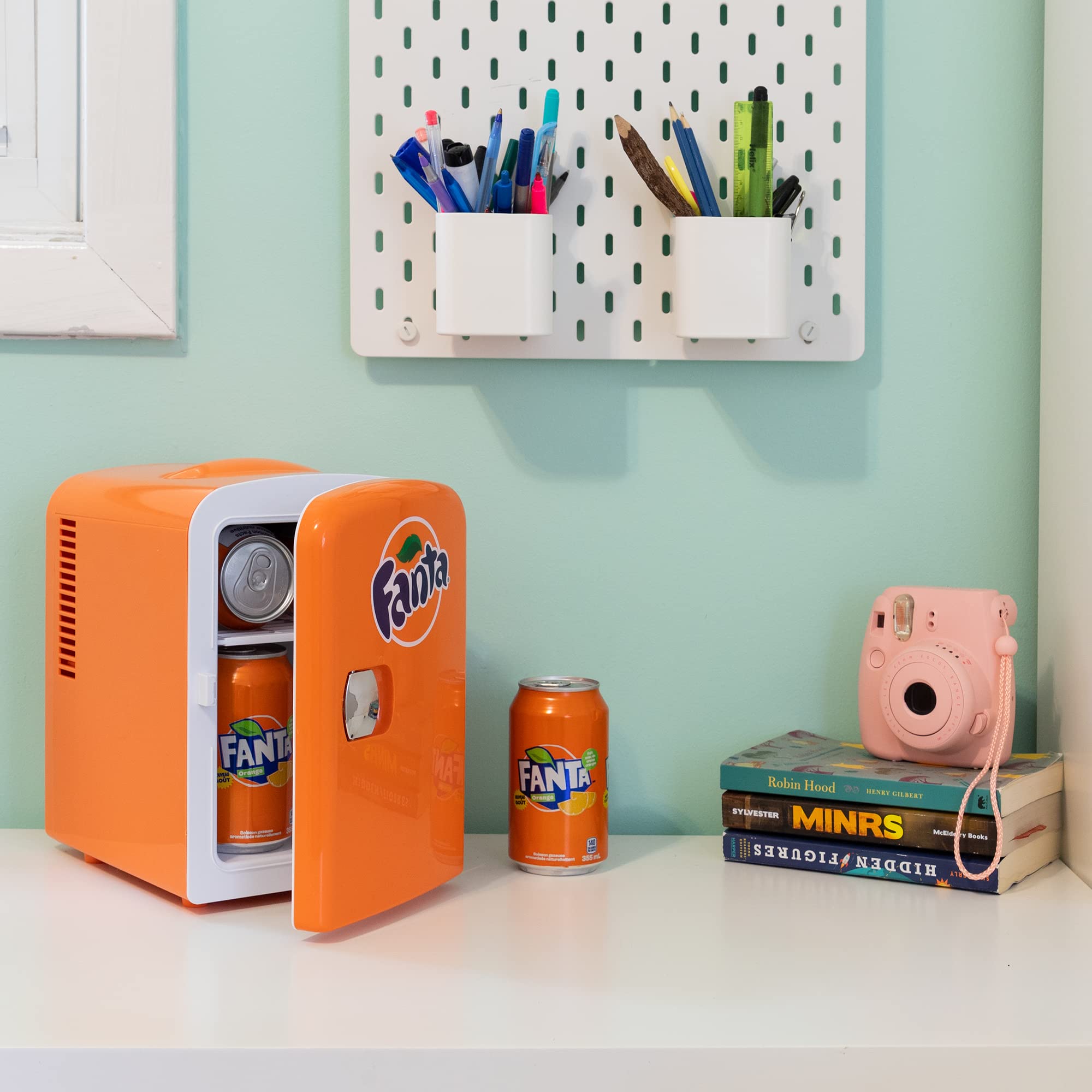 Coca-Cola Fanta 4L Cooler/Warmer w/ 12V DC and 110V AC Cords, 6 Can Portable Mini Fridge, Personal Travel Refrigerator for Snacks Lunch Drinks Cosmetics, Desk Home Office Dorm, Orange