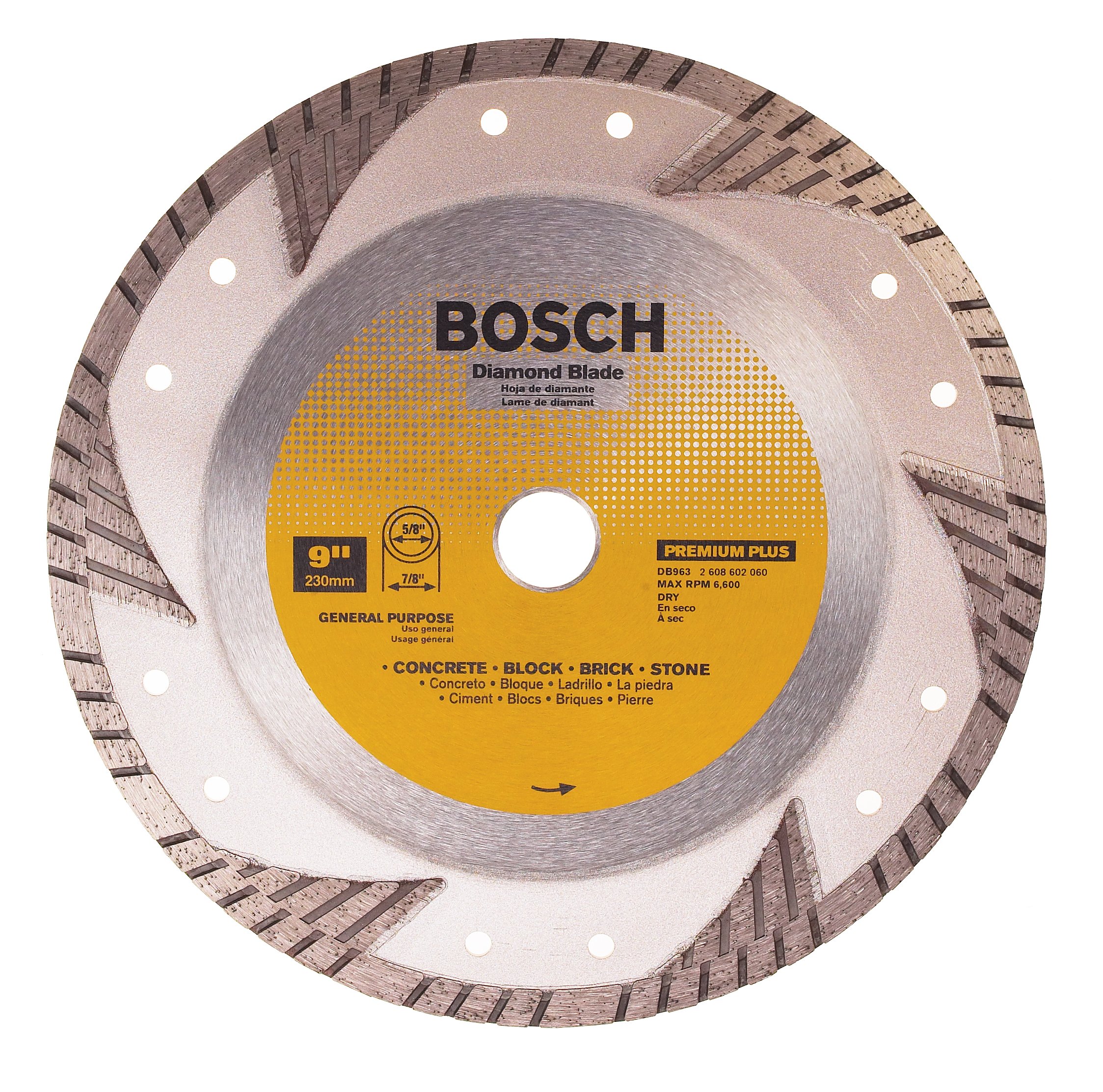BOSCH DB963 8 In. Premium Plus Turbo Continuous Rim Diamond Blade with 7/8 In. Arbor for Dry Cutting Applications in Stone, Concrete, Brick