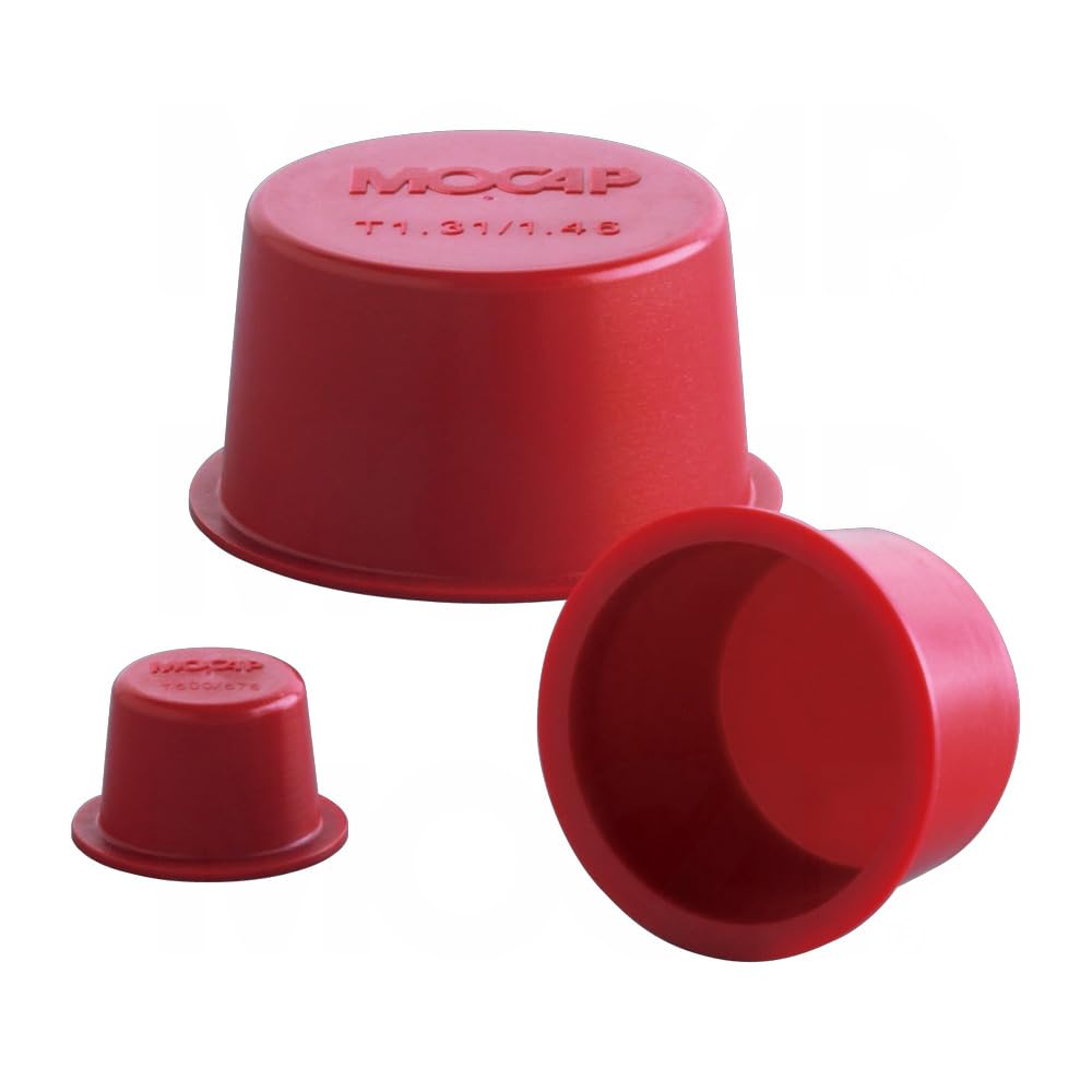 T1.17/1.28RD1 Tapered Cap Plug - OD 1.175-1.284"(29.9-32.6mm), ID 1.113-1.222"(28.3-31mm), Flange OD 1.440"(36.6mm) - Red LDPE MOCAP (qty50)
