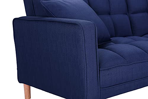 Modern Futon Sofa Bed, 75" Convertible Sleeper Sofa with Armrests and Guests w/ 2 Pillows, Recliner Couch with 5 Solid Wooden Legs, Twin Size Sofa for Living Room (Navy Blue+Fabric)