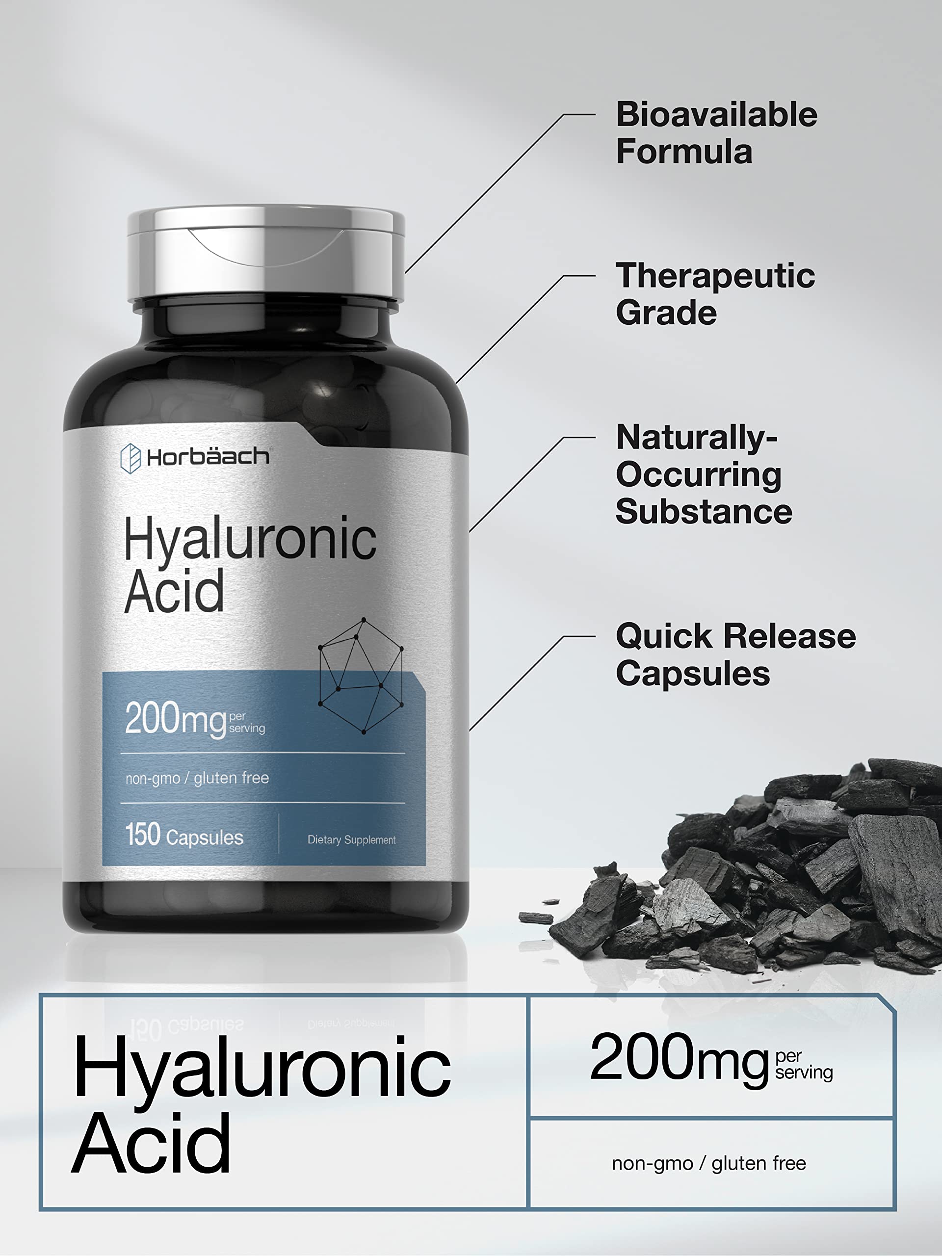 Hyaluronic Acid Supplement | 200 mg | 150 Capsules | Non-GMO and Gluten Free Supplement | by Horbaach