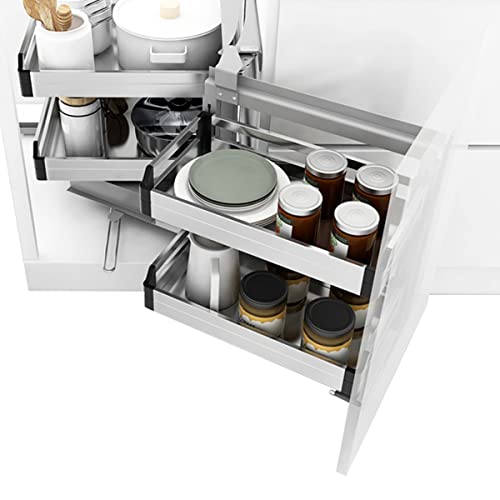 HFWYJF Blind Corner Cabinet Pull Out Organizer 15 Inch Opening,Magic Corner Base Cabinet Pull Out Left,Hidden Corner Cabinet Slide Out Shelves,2 Tier 4 Shelf Chrome Blind Corner Soft Close