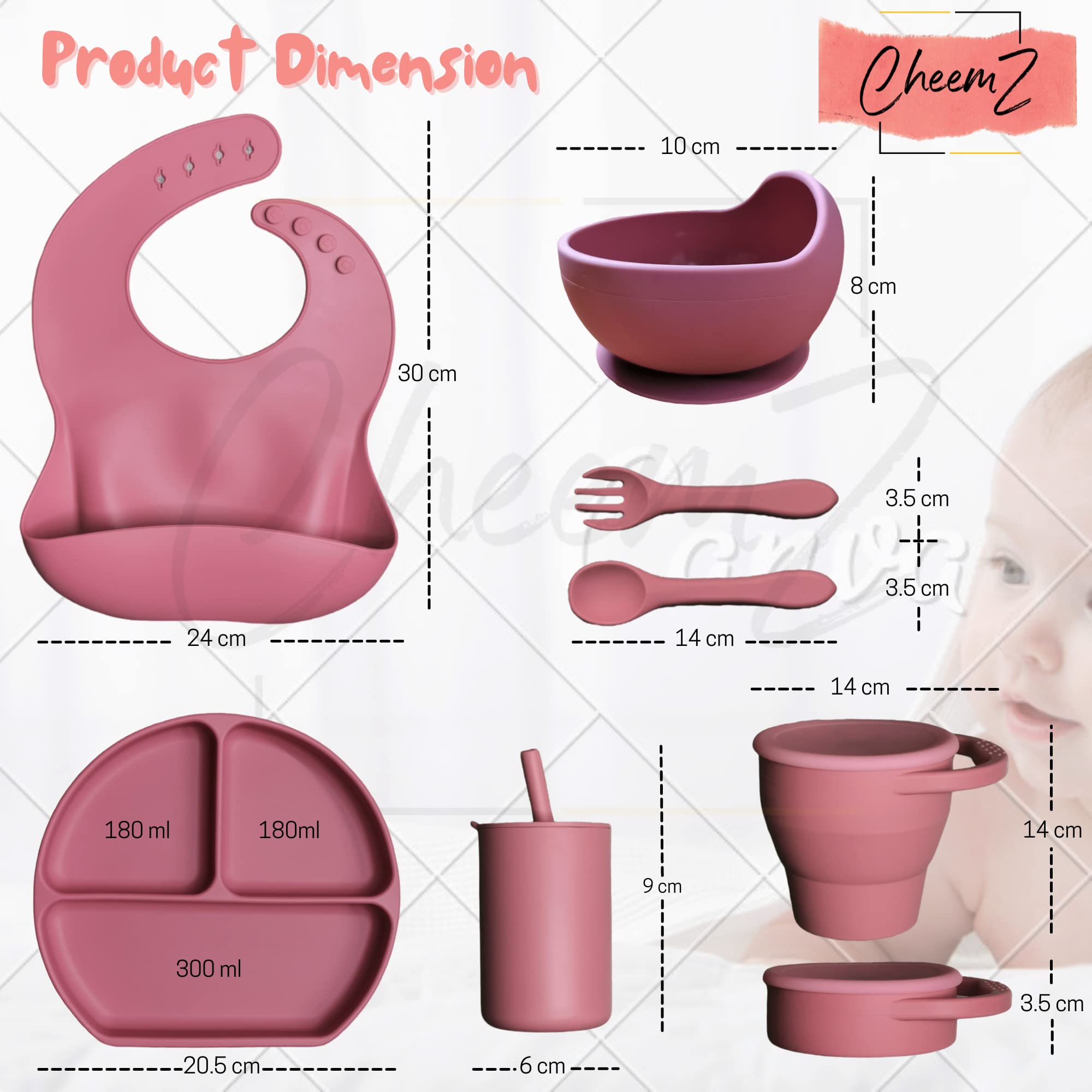 CheemZ Safe and Mess-Free 8-Piece Baby-Led Weaning Feeding Set - Suction Plates, Bowls, Bib, Straw Cup, Fork, and Spoon - Ideal for 6-12 Months - Make Baby's Mealtime Easy and Fun!