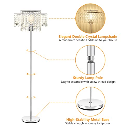 Mlambert Double-Layer Modern Lampshade Crystal Floor Lamp for Bedroom for Livingroom,Elegant Standing Lamp,61.57" Tall Pole Lamp,Suitable for Bedroom,Livingroom,6W LED Bulb Included,Silver
