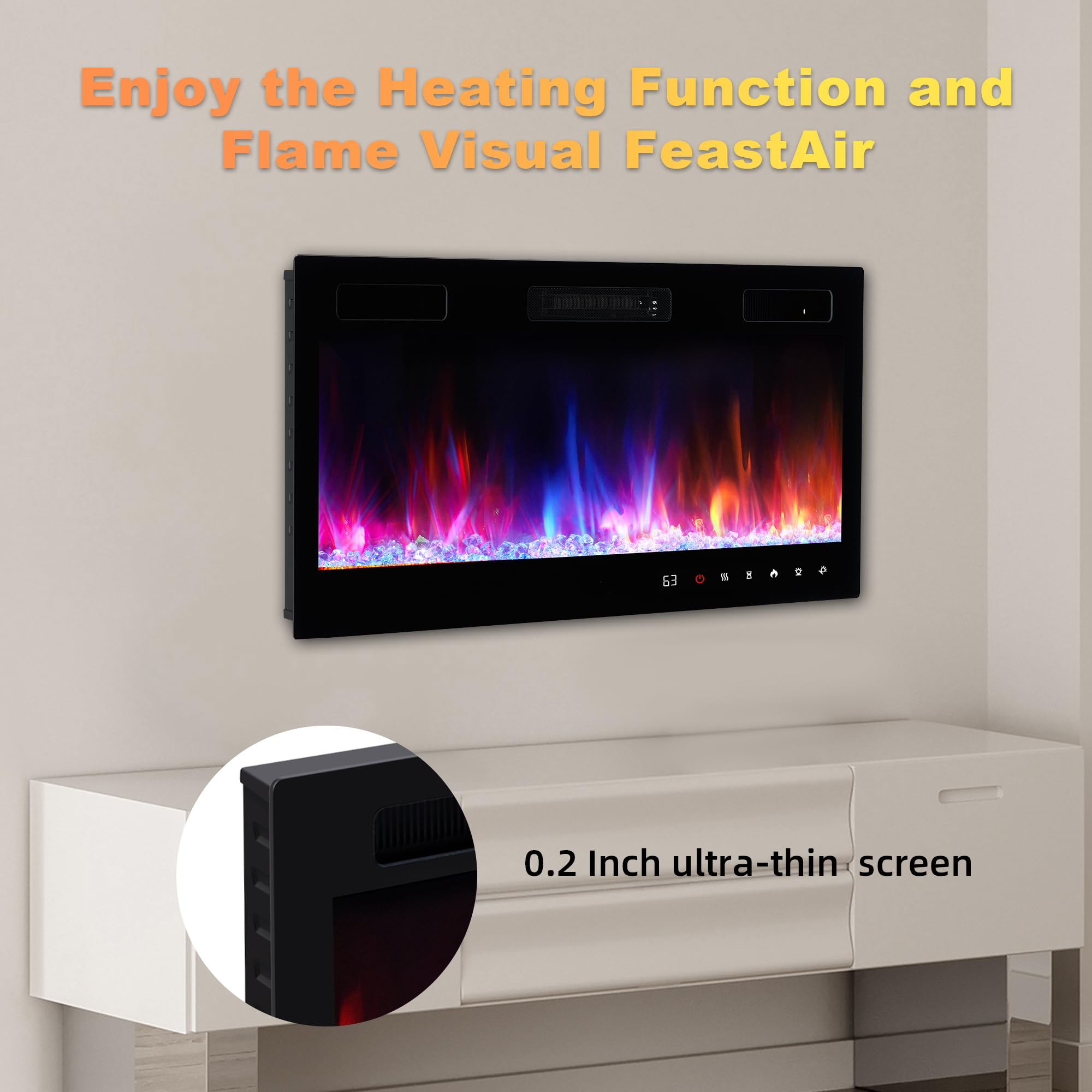 Electric Fireplace 36 Inch Insert Realsmart Recessed 750 1500 W High Screen Slim Wall Mountedle Fireplace Low Noise Overheat Protection Remote Control with Heater Timer Flame Color Sala Modernos (36β)