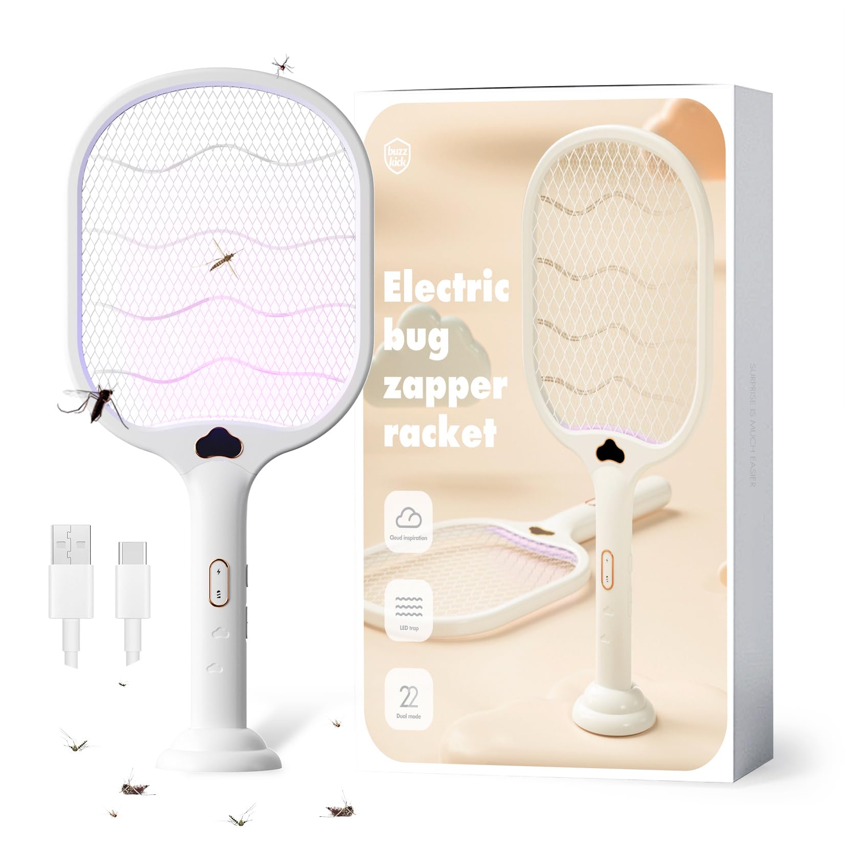 Electric Fly Swatter Racket 3500V buzzkick Bug Zapper Racket Dual Modes Mosquito Killer with Purple Mosquito Light Rechargeable for Indoor Home Office Backyard Patio Camping