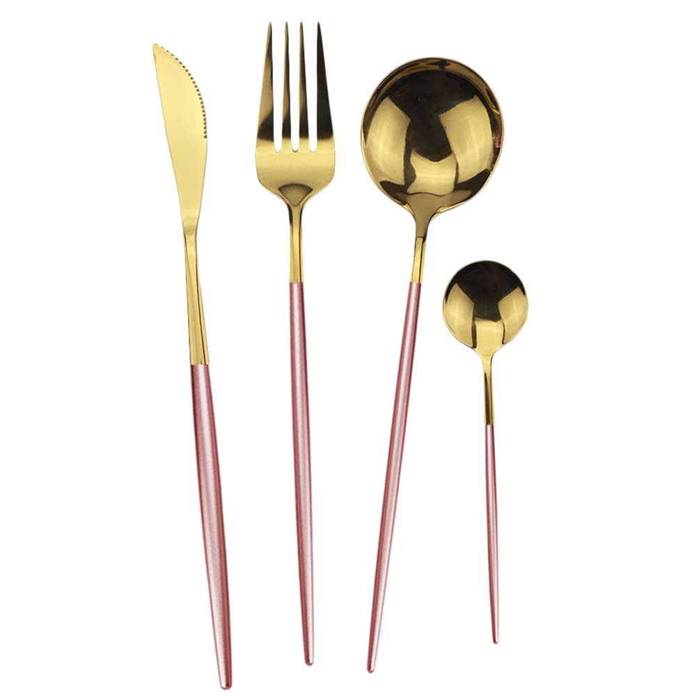 JANKNG 24-Piece Flatware Set, 18/0 Stainless Steel Knife Fork Spoon Teaspoon Silverware Set, Service for 6, Pink Handle Gold