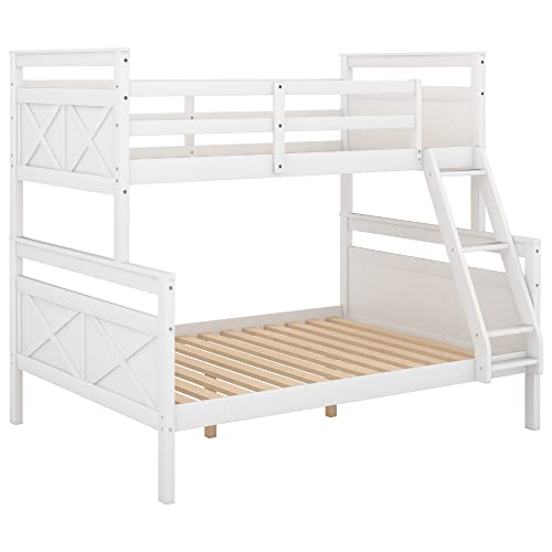 POCIYIHOME Twin Over Full Bunk Bed with Ladder, Wood Bed Frame with Slat Support & Full Length Guardrail for Kids,Teens Bedroom, Convertible into Two Separate Beds, No Box Spring Needed, White