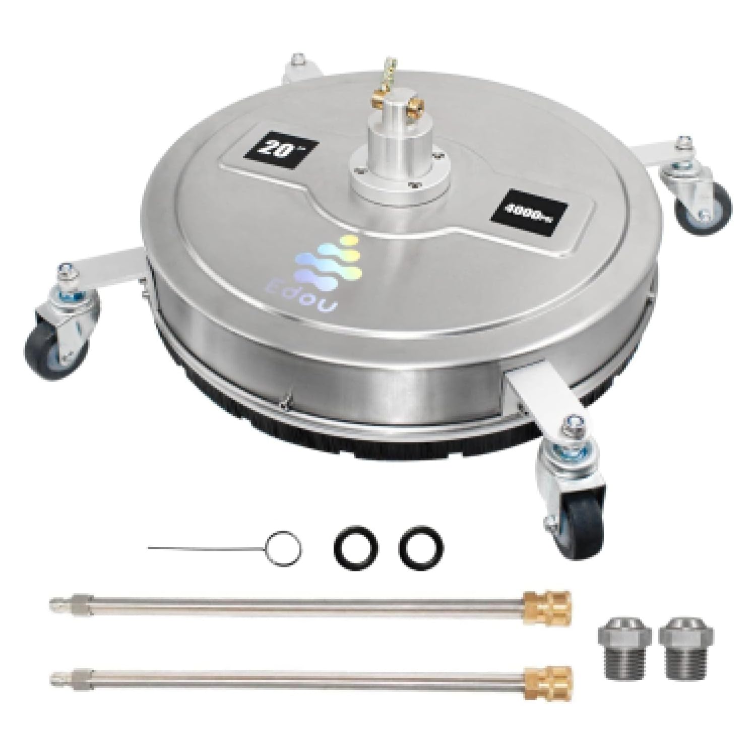 EDOU Direct Pressure Washer Surface Cleaner 20" with Wheels | Stainless Steel | Heavy Duty | 4,000 PSI Max Working Pressure | Includes: 2 Pressure Washer Extension Wand Attachments