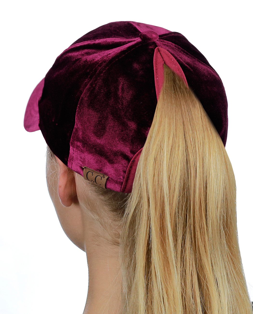 C.C Ponycap Messy High Bun Ponytail Soft Velvet Adjustable Baseball Cap Hat, Burgundy