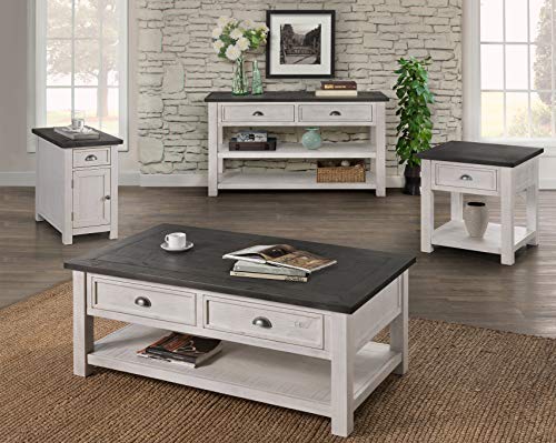 Martin Svensson Home Monterey Chairside Table - White with Grey Top - Coastal Multi-Use Table with Built-in Outlets and Drawers for Bedroom or Living Room