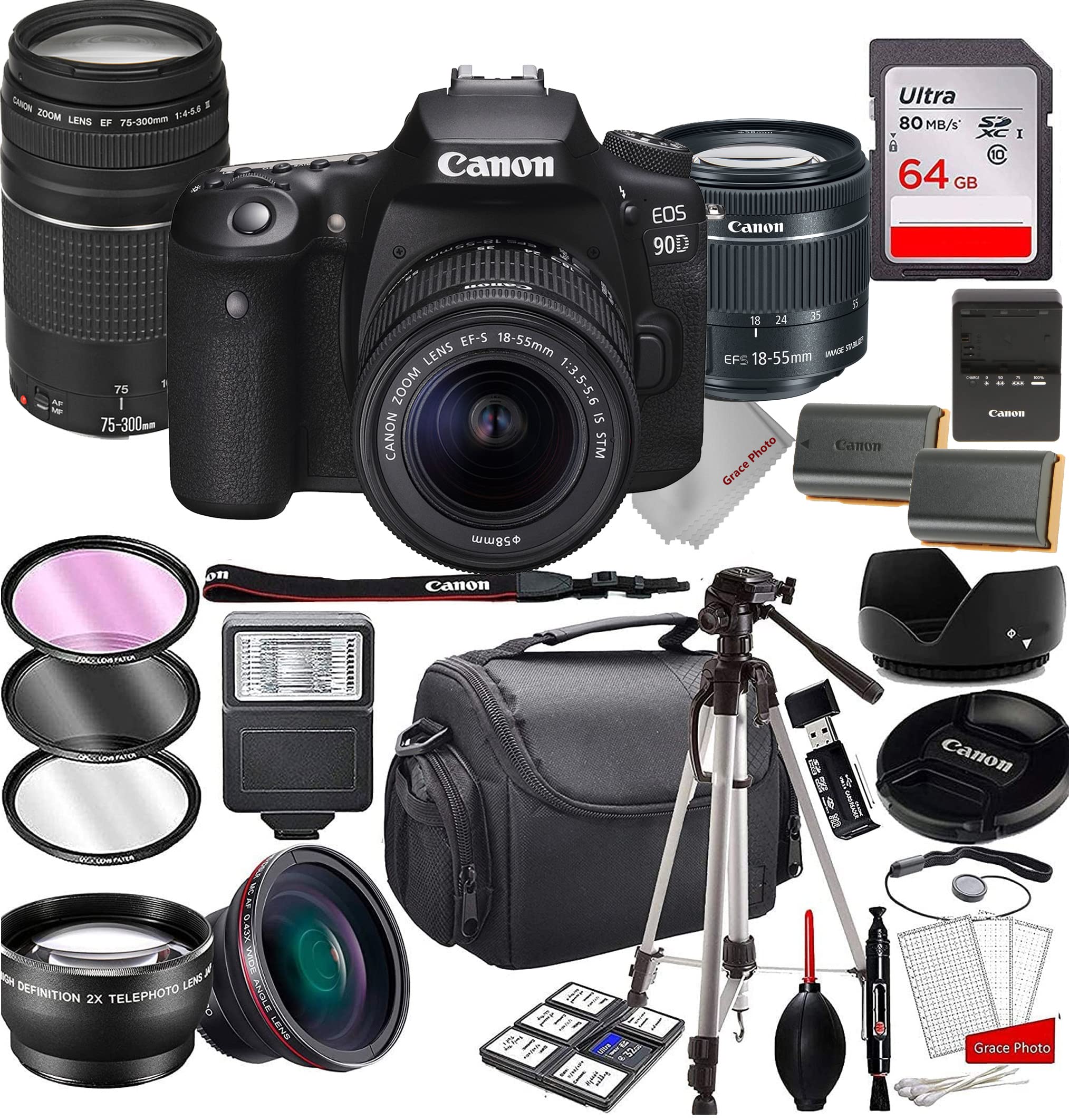 Canon EOS 90D DSLR Camera with 18-55mm is STM Zoom Lens & 75-300mm III Lens Bundle + 64GB Memory, Case, Tripod, Extra Battery and More