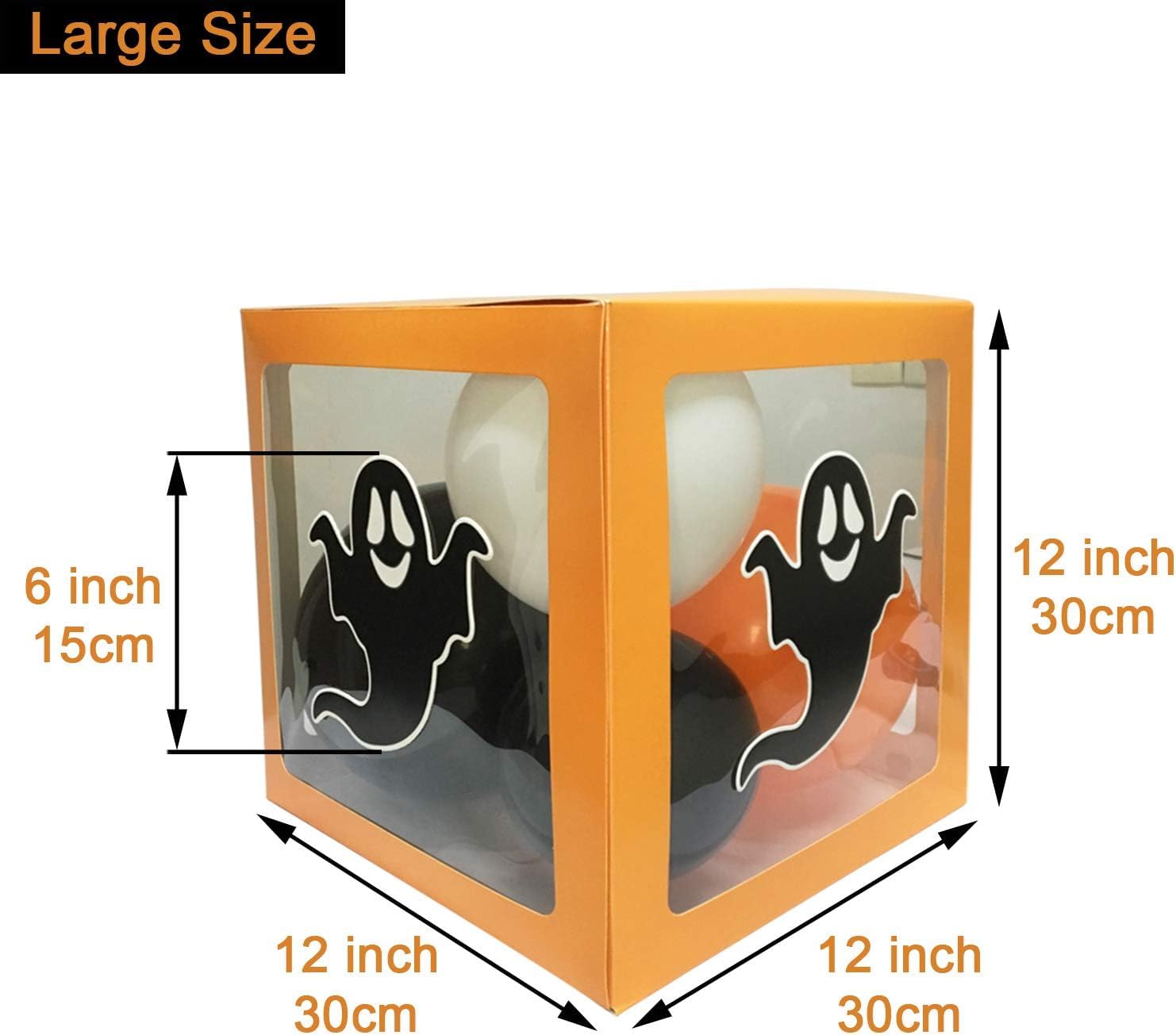 Halloween Balloon Boxes Decorations - Orange Transparent Box for Halloween Baby Shower, Birthday Party Decorations - Includes 4 Box Blocks, Black Ghost Boo Letter Stickers, 20 Latex Balloons