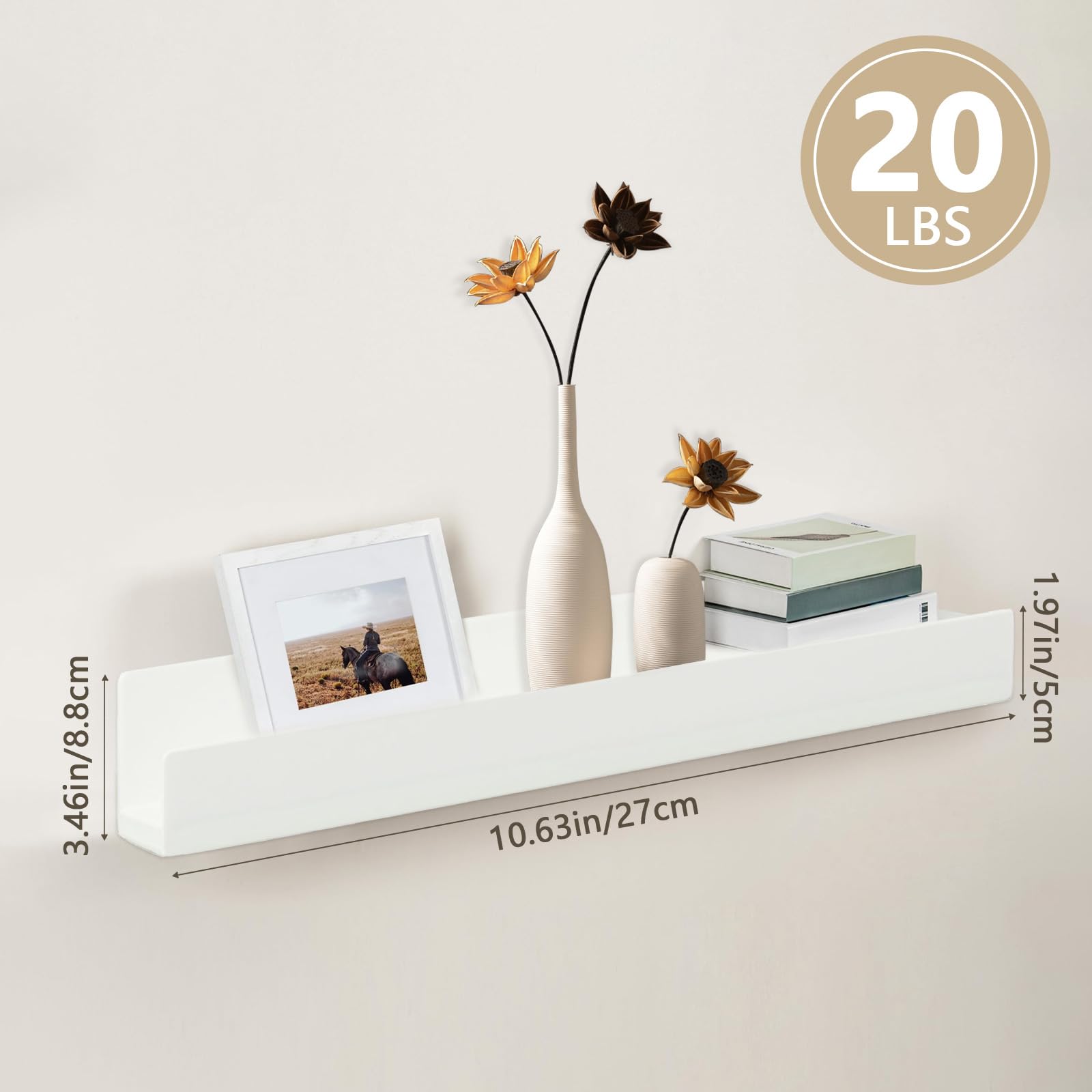 Floating Shelves for Wall Storage with Lip, 10.5" Picture Ledge Shelf Set of 3, White Acrylic Floating Shelf for Wall, Floating Wall Shelves for Kitchen, Bedroom, Bathroom Storage, Wall Home Decor