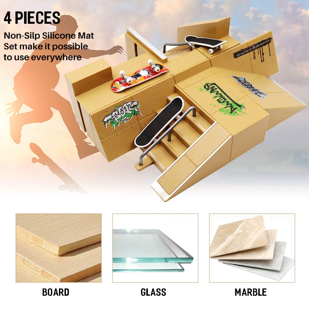 icoko Skate Park Kit, 8 PCS Skate Park Kit Ramp for Mini Finger Skateboard Ultimate Parks Training Props with 3 Finger Skateboard and 4 Silicone Mat Set