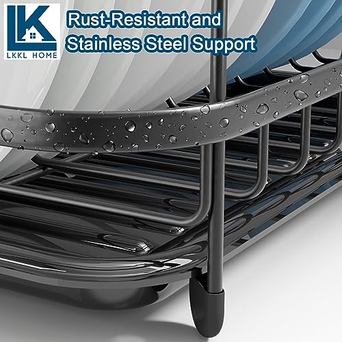 LKKL Dish Drying Rack, Large Capacity Dish Rack for Kitchen Counter, Extendable Dish Rack, Anti-Rust Stainless Steel Dish Drainer with Utensil Holder Cups Holder, Black